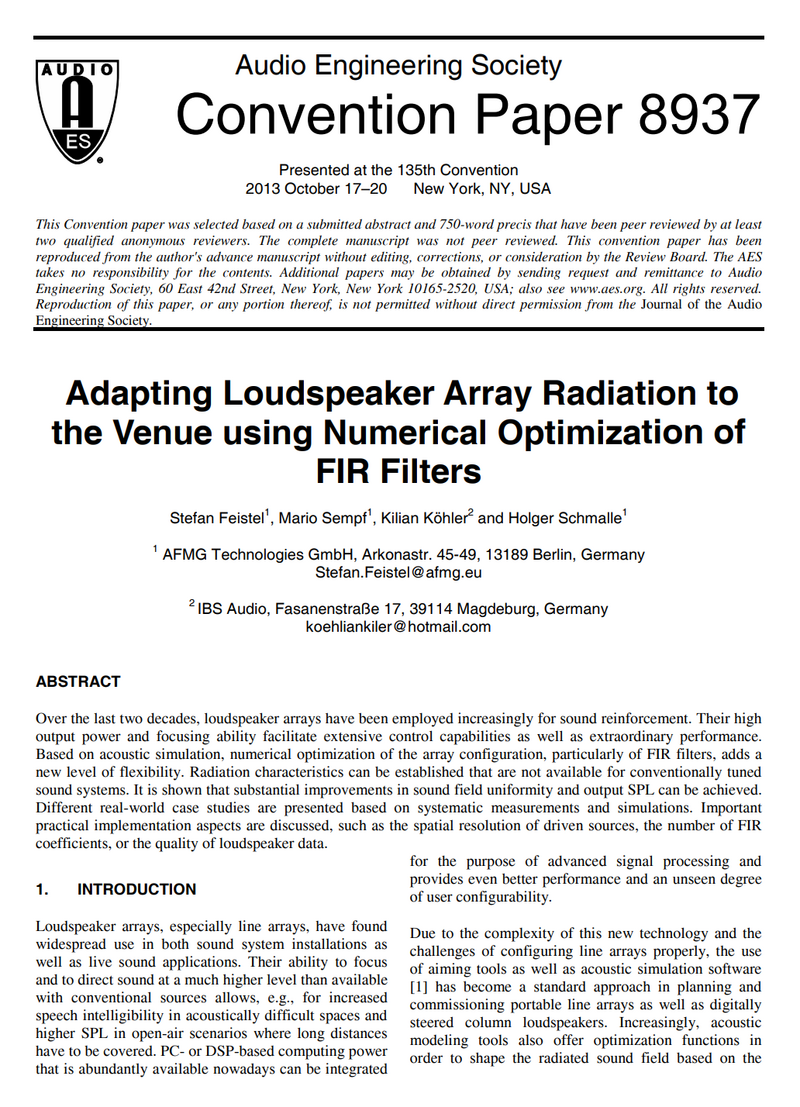 Adapting Loudspeaker Array Radiation to the Venue using Numerical Optimization of FIR Filters ...